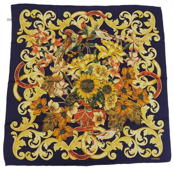 CHANEL | Accessories | Chanel Chanel Sunflower Flower Bird Navy Silk ...
